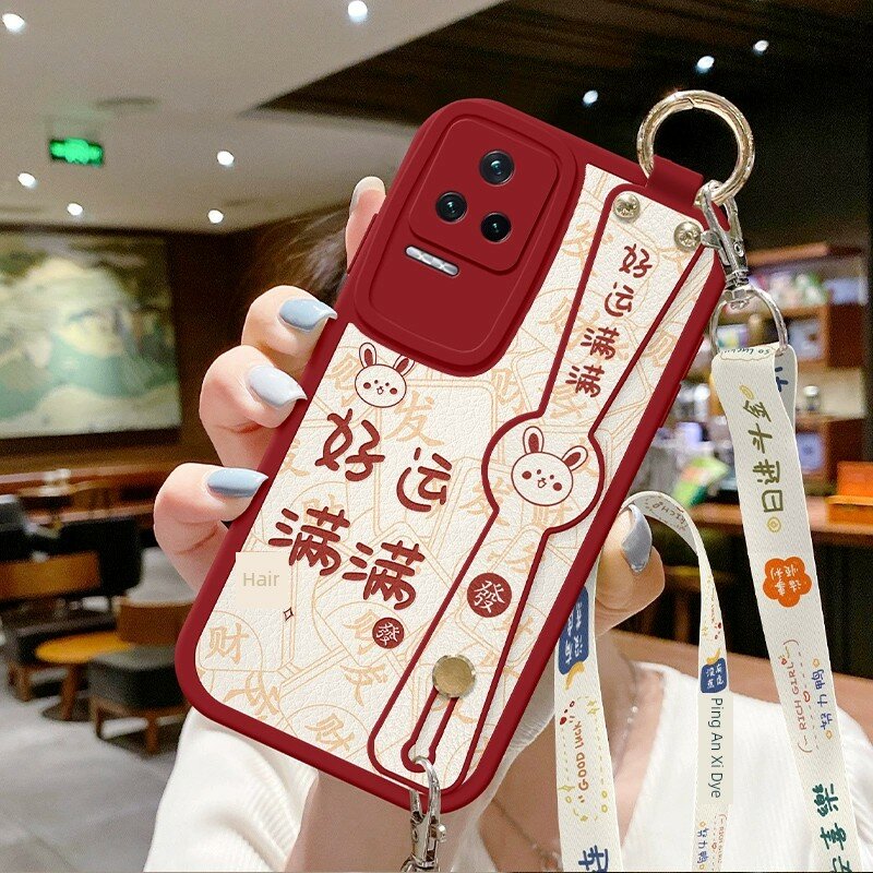 Чехол для смартфона Xiaomi Redmi K40 с ремешком и подвесом, красный, дизайн с символом удачи, прочный