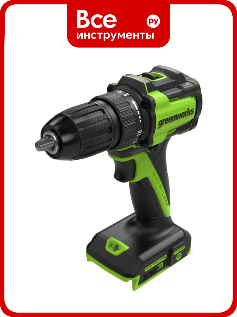 Дрель-шуруповерт аккумулятоный Greenworks DD345, 24V, б/щет, 27/45 Нм,13мм,2х2Ач, ЗУ, кор () 3708307VUC