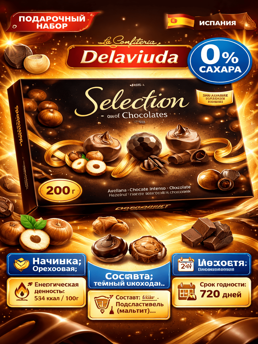 Набор шоколадных конфет Delaviuda Ассорти без сахара, 200г