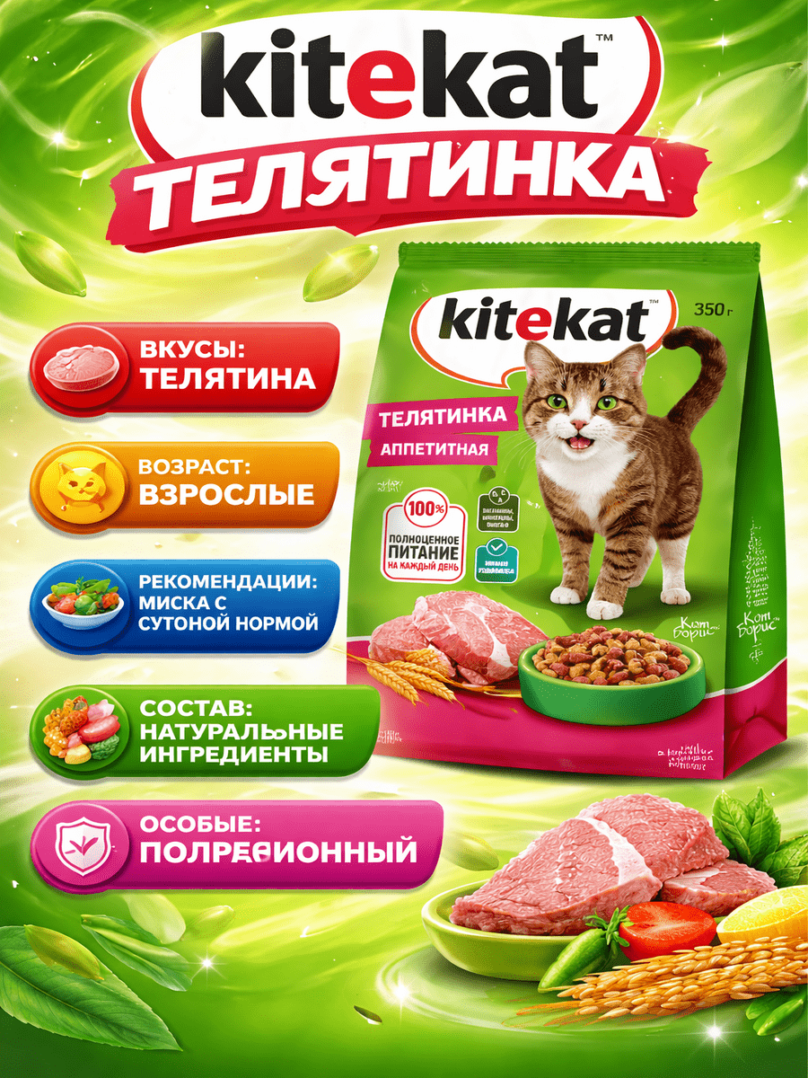 Корм сухой Kitekat Телятинка аппетитная для взрослых кошек, 350г
