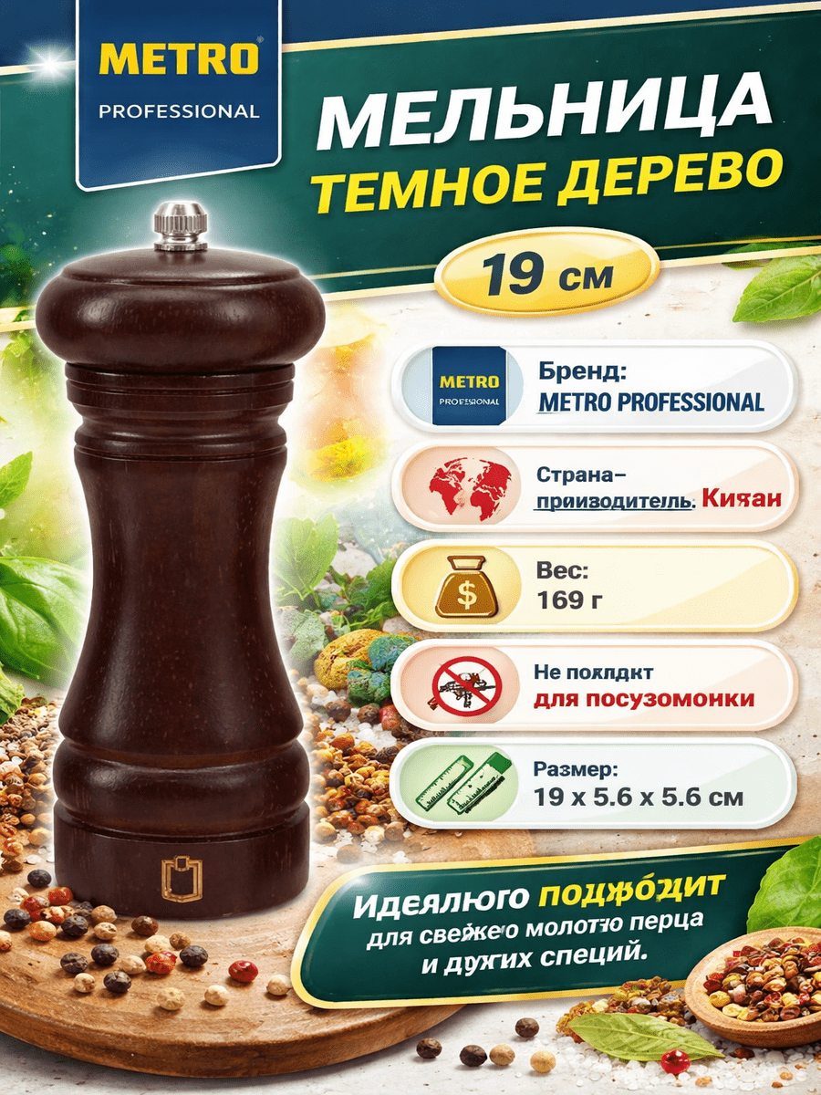 METRO PROFESSIONAL Мельница темное дерево, 19см
