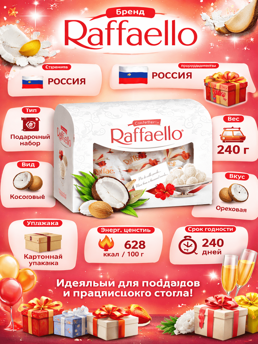 Конфеты в коробке Raffaello с цельным миндальным орехом в кокосовой обсыпке сундук, 240г