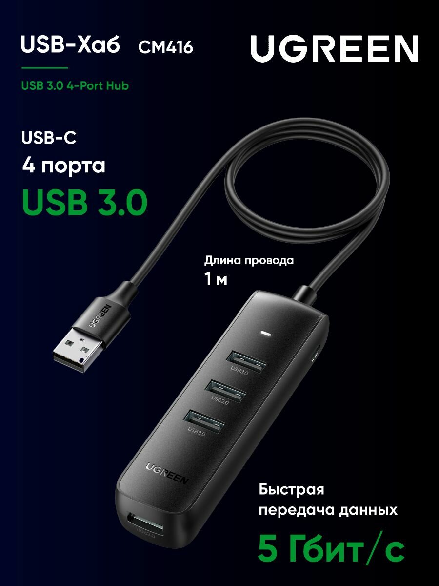 Хаб UGREEN CM416 (80657) USB 3.0 4-Port Hub. Длина 1 м. Цвет: черный