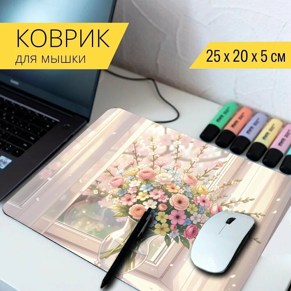 Коврик для мыши с принтом "Большой букет нежных весенних цветов в прозрачной стеклянной вазе на подоконнике у окна, композиция в центре кадра с легким смещением вниз." 25x20см.