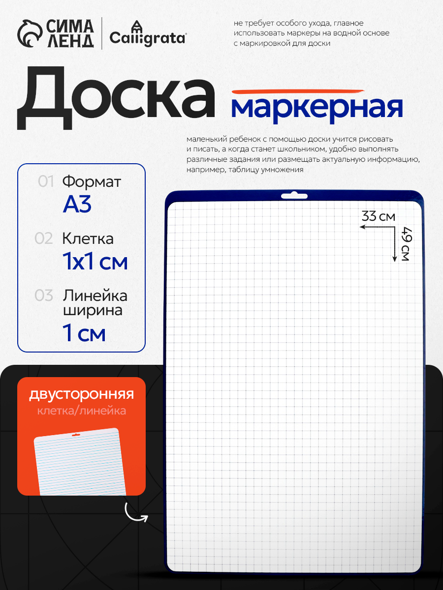Доска маркерная A3 (49 х 33 см) Calligrata, двусторонняя: клетка/линейка, синяя