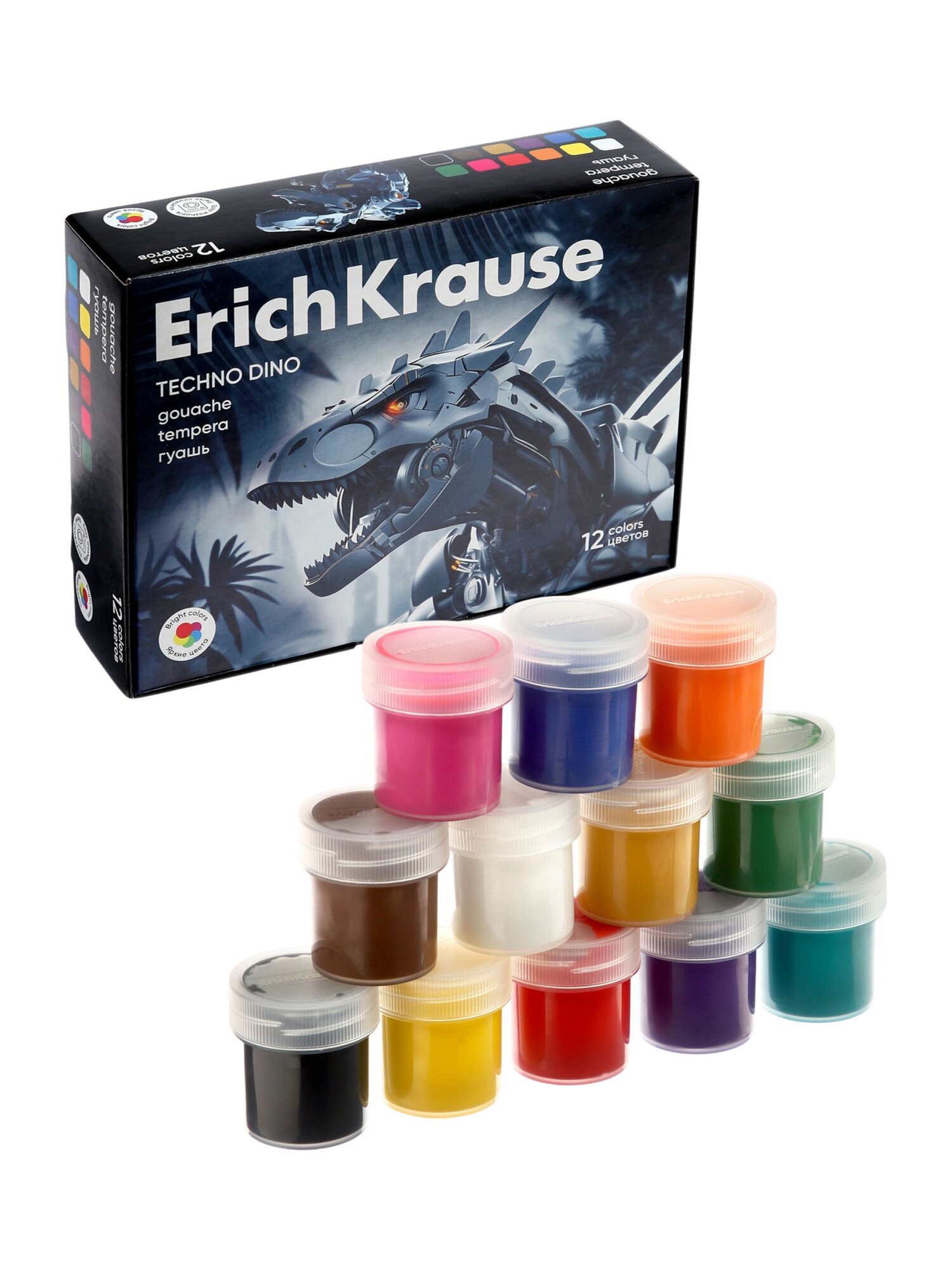 Гуашь 12 цветов ErichKrause Techno Dino, 17 мл, насыщенные цвета