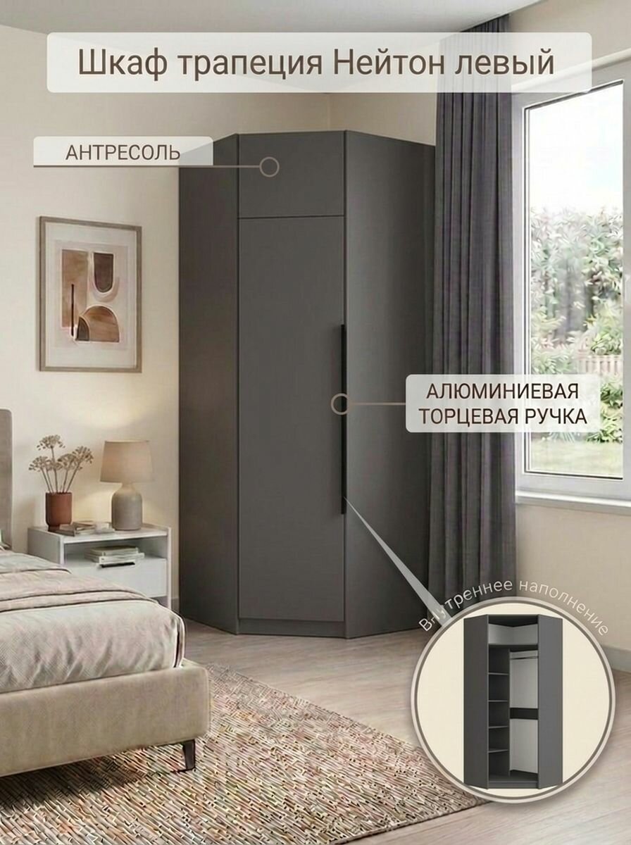 Распашной шкаф угловой левый Нейтон 90/90-55/55-220 графит платье-белье