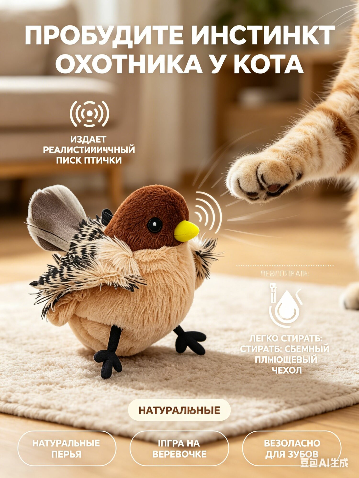 Игрушка для кошек интерактивная, мягкая птичка воробей со звуком-дразнилка с натуральными перьями/съемный чехол, для активных игр котят и взрослых питомцев.