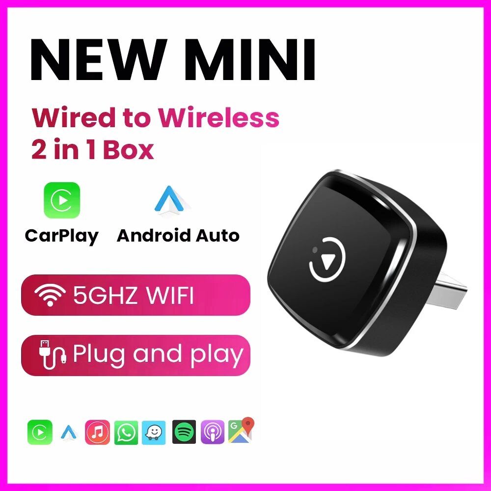 Этот беспроводной адаптер CarPlay 2-в-1 превращает проводной адаптер CarPlay в беспроводной адаптер CarPlay, совместимый с iPhone и поддерживающий беспроводное управление. Он работает по принципу «подключи и работай».