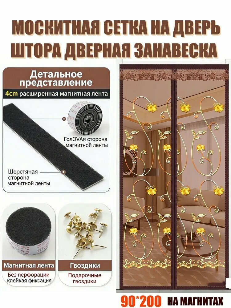 Москитная сетка на дверь, на магнитах, штора дверная занавеска 90*200