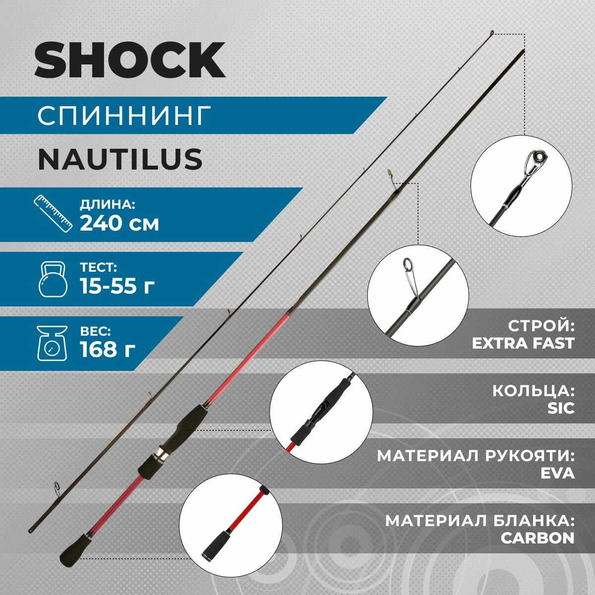 Nautilus Спиннинг Shock NSHS-802HH 240см 15-55гр (13-68303767) удилище рыболовное спиннинговое