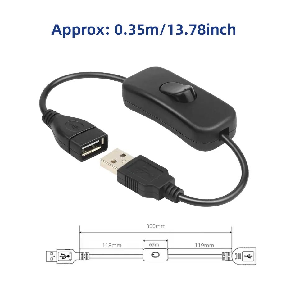 USB кабель с переключателем, черный, 0.3м