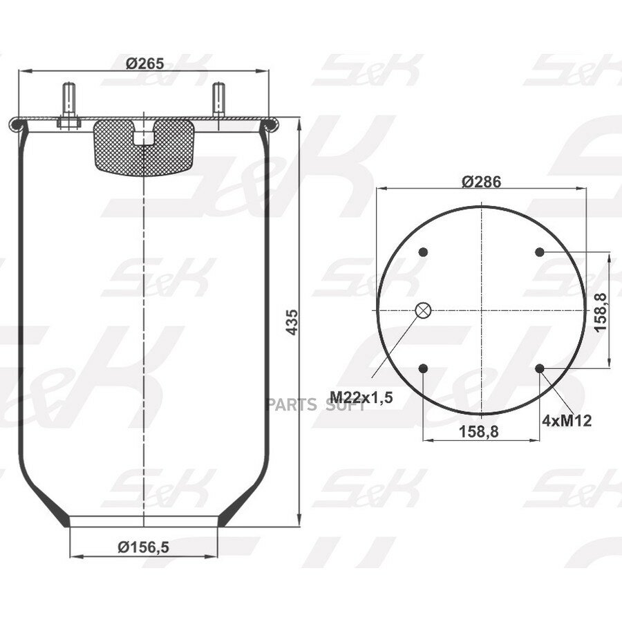 S&K SK-810P-01PL "Premium Line" Пневморессора без поршня [Верх: 1*M22, 4*M12] [Гарантия 3 года]