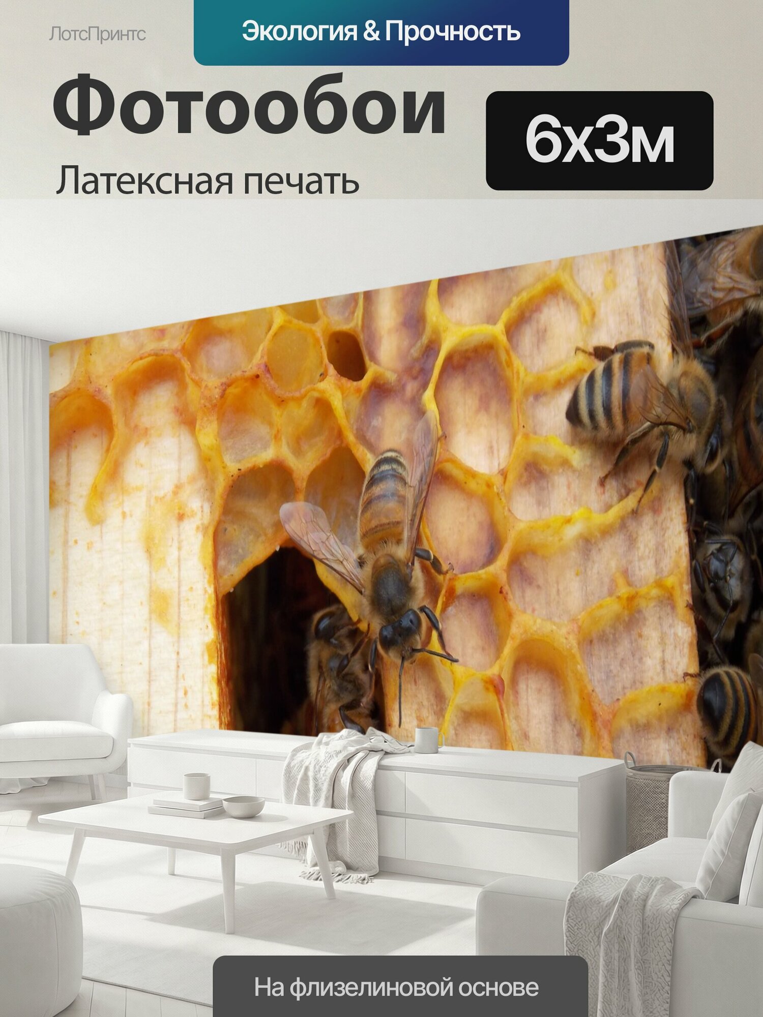 Фотообои моющиеся ударопрочные "Соты, пчелы, шестиугольники" 600x300 см. латексная печать