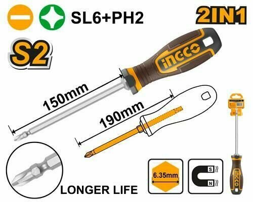 Отвертка двухсторонняя 2 в 1 / крестовая PH2 + плоская SL6 INGCO