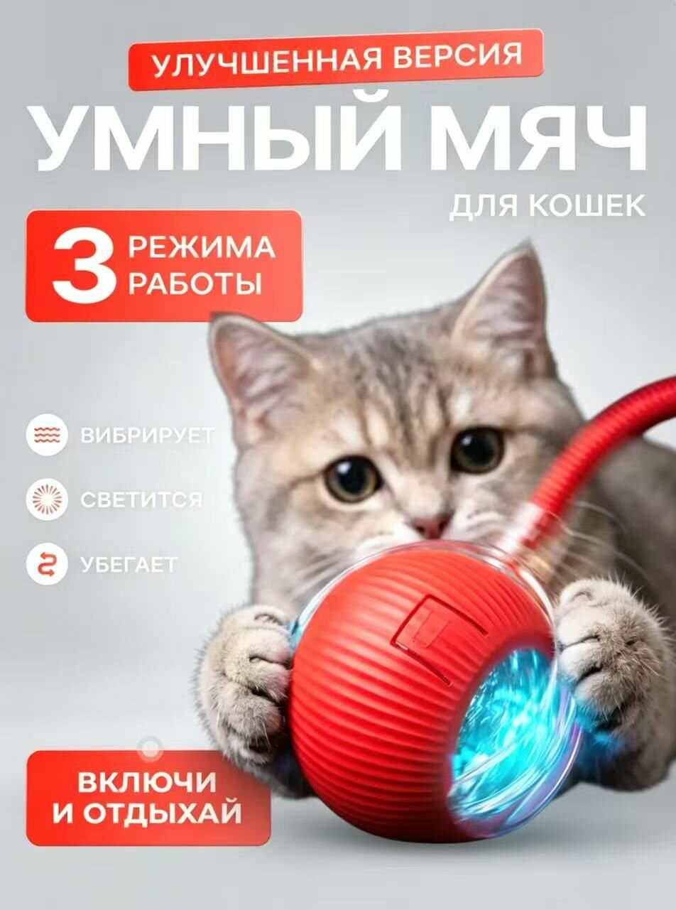 Игрушка для кошек интерактивная, умный мячик с хвостиком, дразнилка для котят