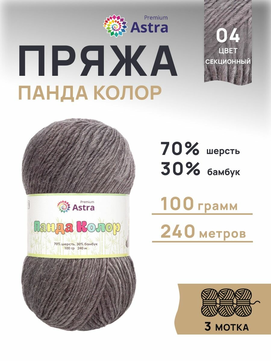 Пряжа для вязания Astra Premium 'Панда Колор' 100г, 240м (70% шерсть, 30% бамбук) (04 секционный), 3 мотка