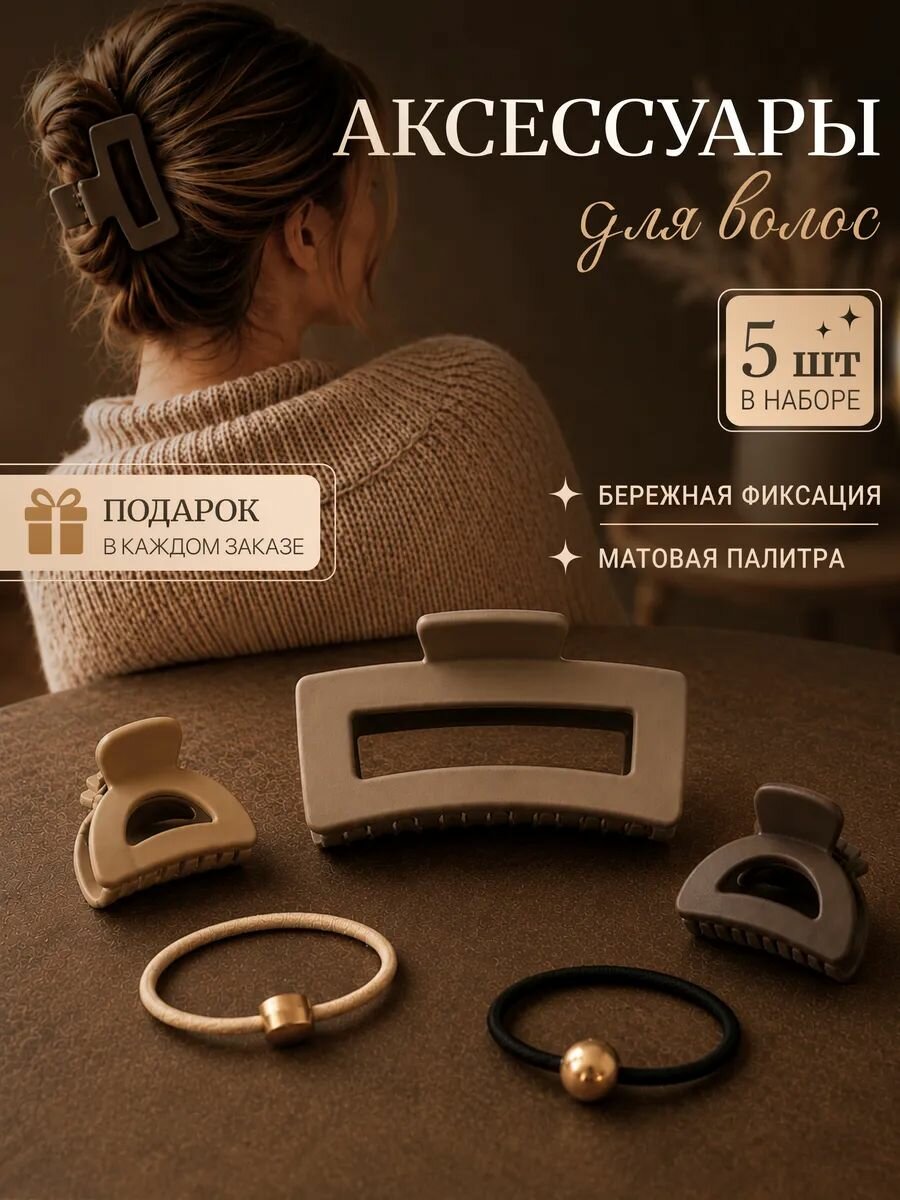 Заколка-краб для волос SITU, набор 5 шт, шоколад/коричневый, 17 см