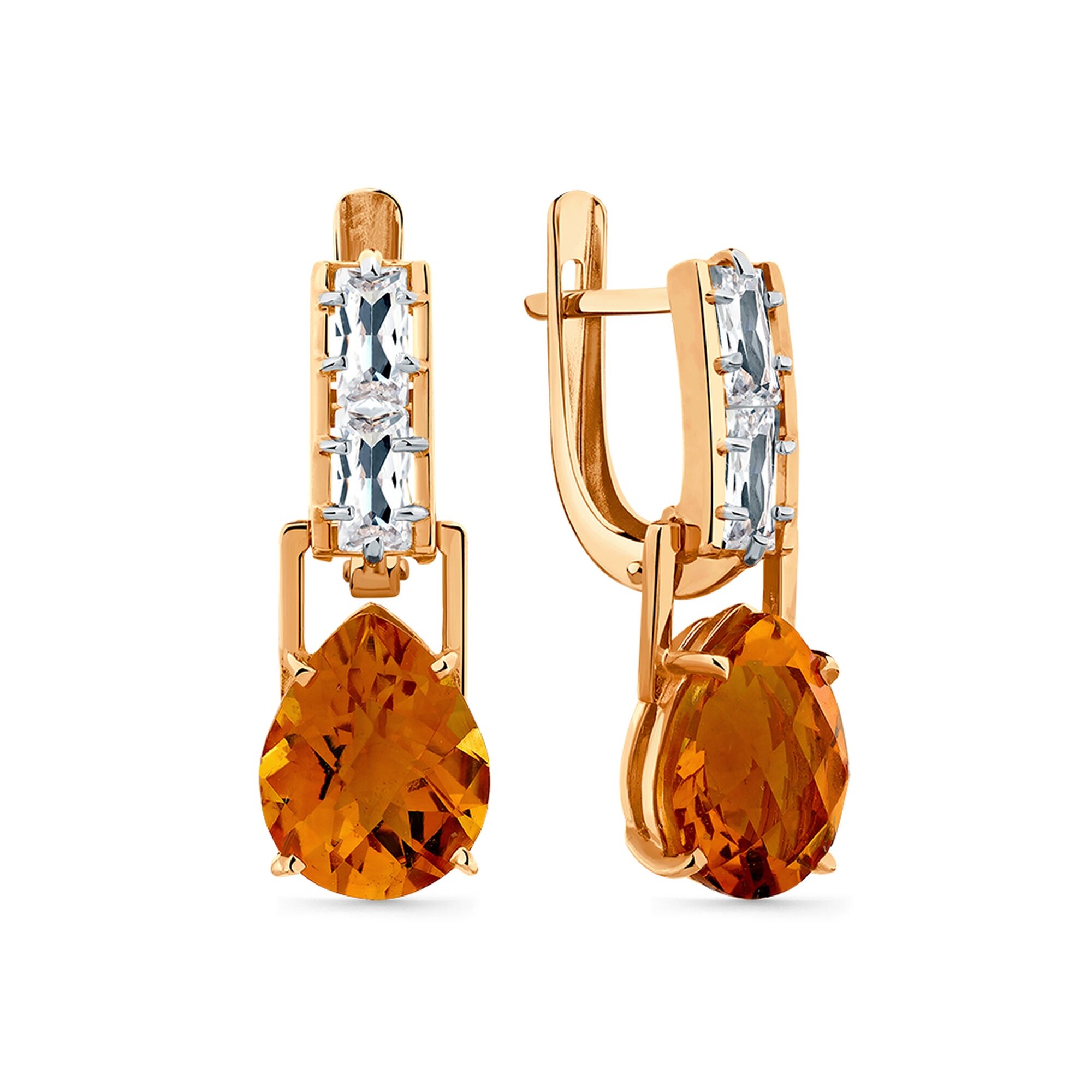 Серьги, красное золото, 585 проба, фианит, цитрин