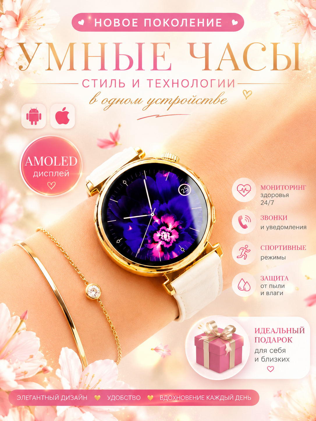 Смарт часы, смарт часы круглые, часы наручные сенсорные, 2 ремешка, AMOLED