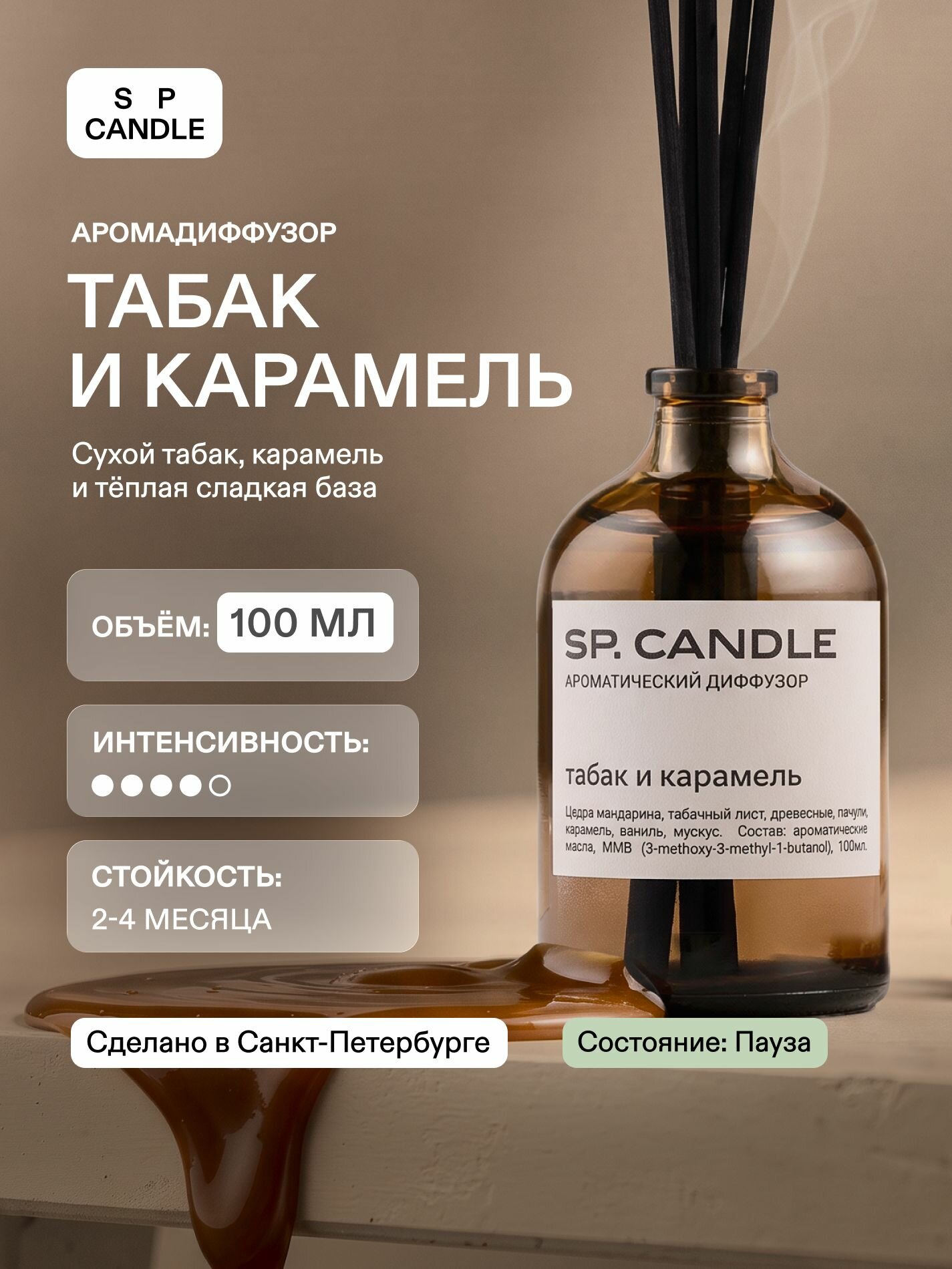Ароматический диффузор для дома с фибровыми палочками Табак и карамель 100 мл SP CANDLE