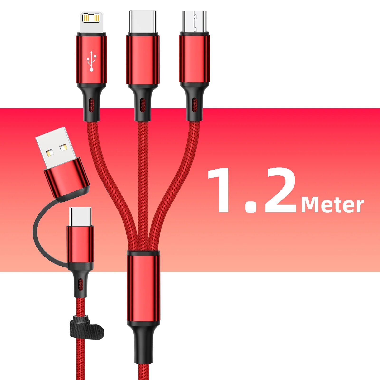USB-кабель 3-в-1 Для Быстрой Зарядки Type C Micro, Совместимый С IOS, Huawei Красный, Red