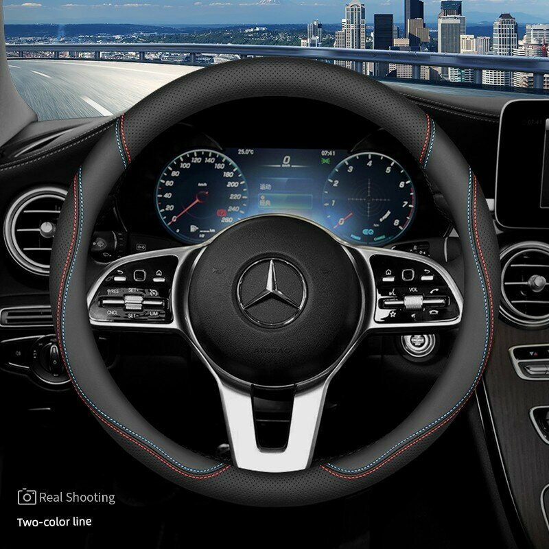 Кожаный чехол для руля Mercedes-Benz (GLC300L/GLB220), черный с двухцветной строчкой, ультратонкий
