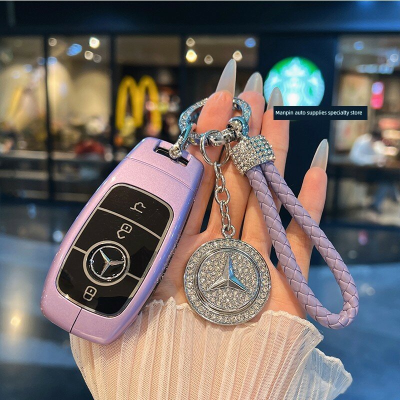 Чехол для ключа Mercedes фиолетовый с каменным значком и фиолетовым каменным шнуром для A-Класс C-Класс E-Класс