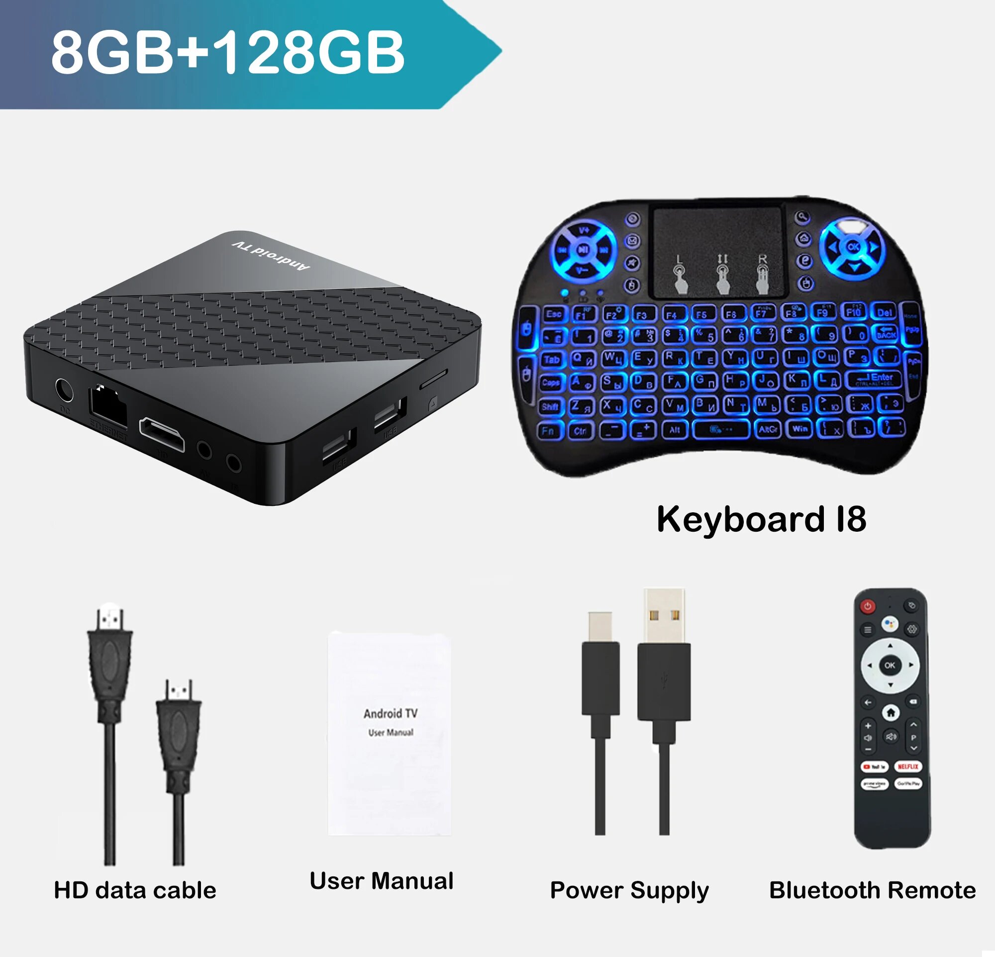 Android 16.0 ТВ-бокс RK3518 4/8 ГБ 32/64/128/256 ГБ Синий, EU Plug, 8G 128G Keyboard