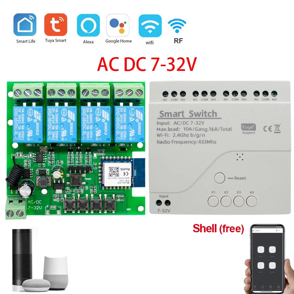 4CH Tuya Smart Switch 220V Модуль Wi-Fi дистанционного управления 12V 24V 85-250V Приемник радиочастоты 10A Смарт-реле Включает бесплатную оболочку-