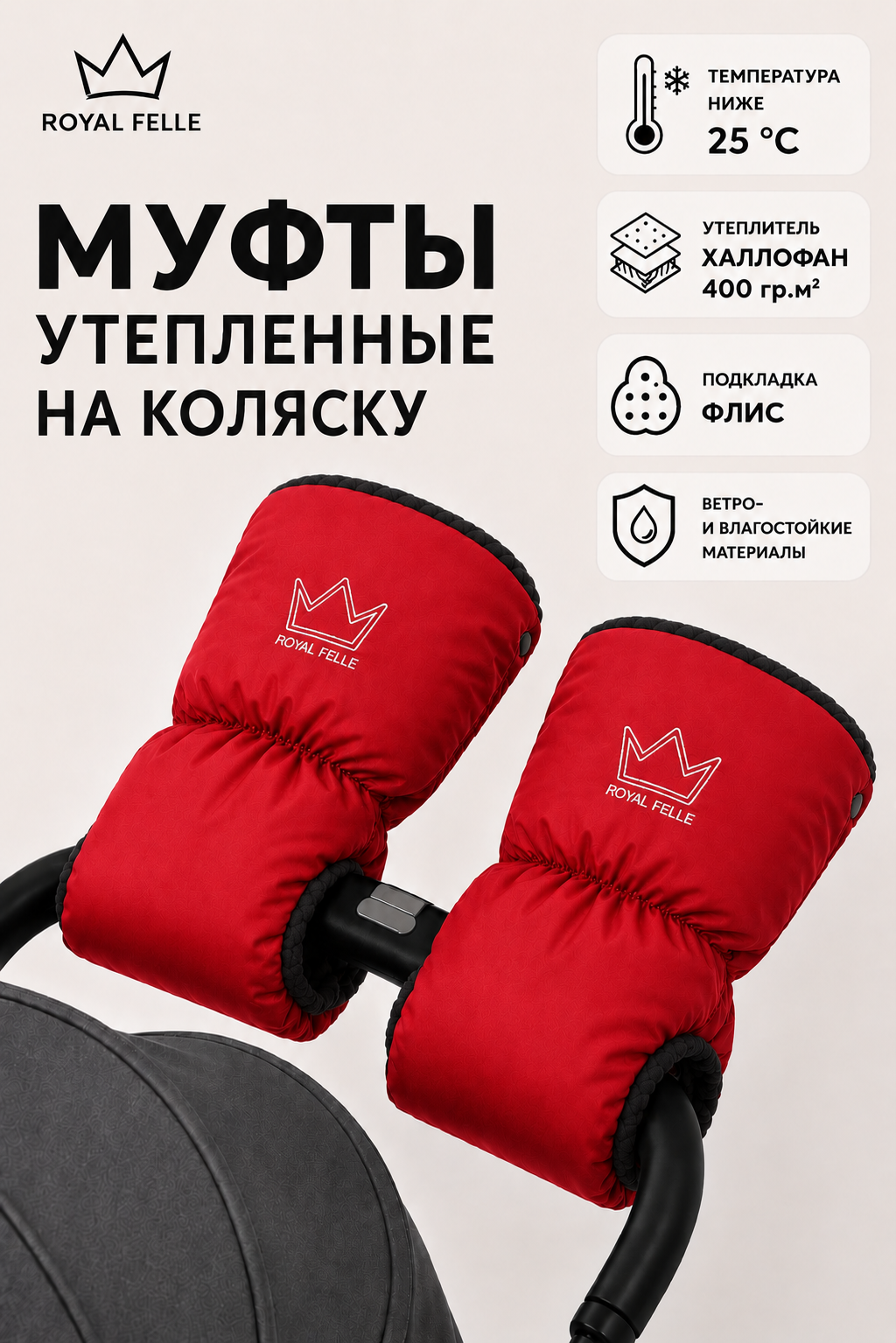 Муфты варежки для рук на коляску для коляски Royal Felle Hand Warmer Red тёплые зимние флисовые на кнопках