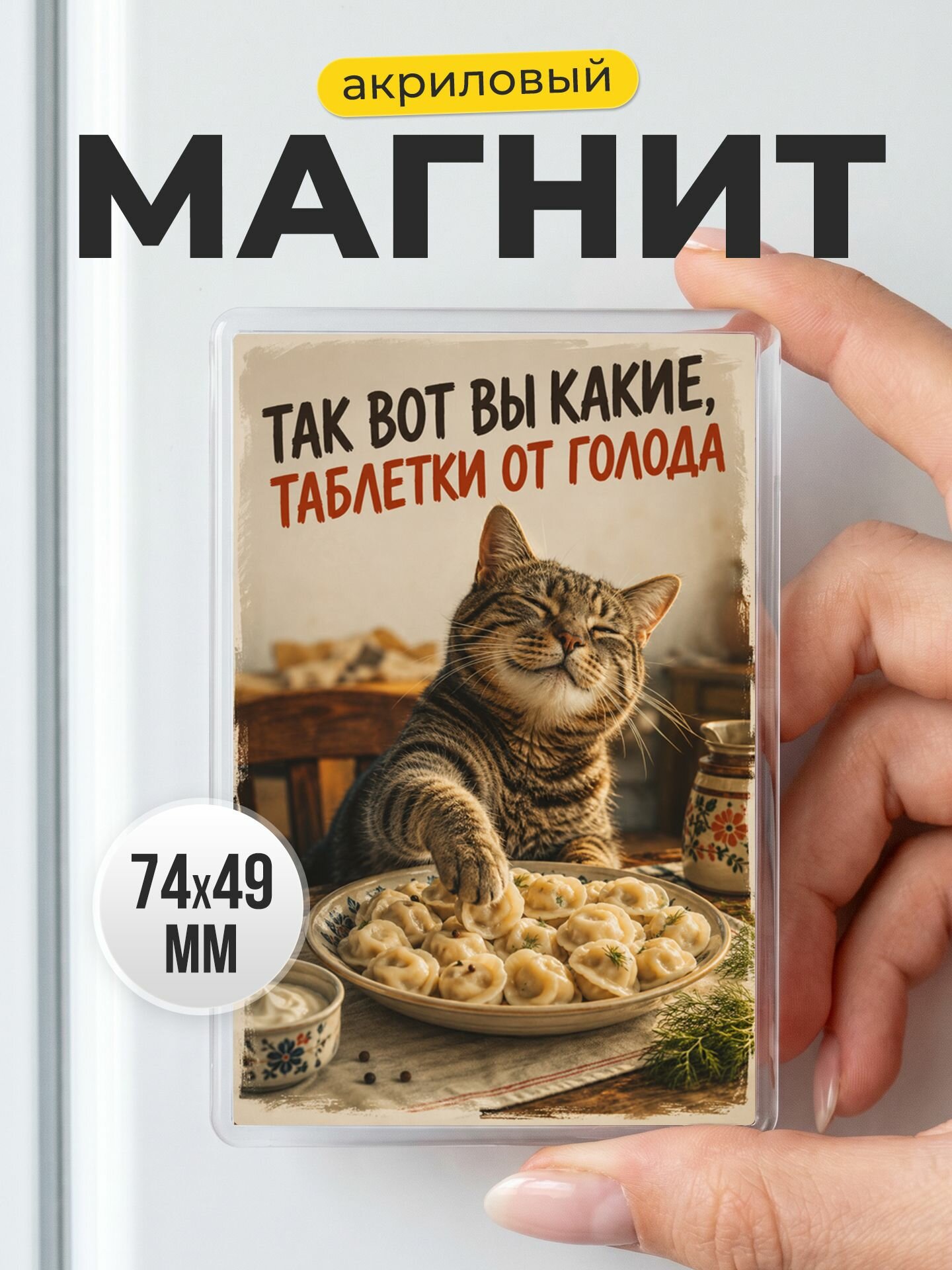 Магнит акриловый "Таблетки от голода" смешной кот