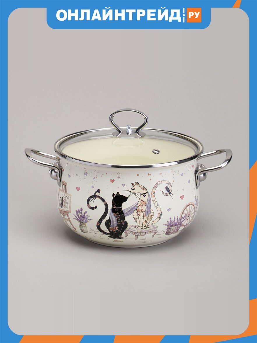 Кастрюля Agness "Lavender Cats" эмалированная, со стеклянной крышкой, 3,8 л, 22 см. (943-078)
