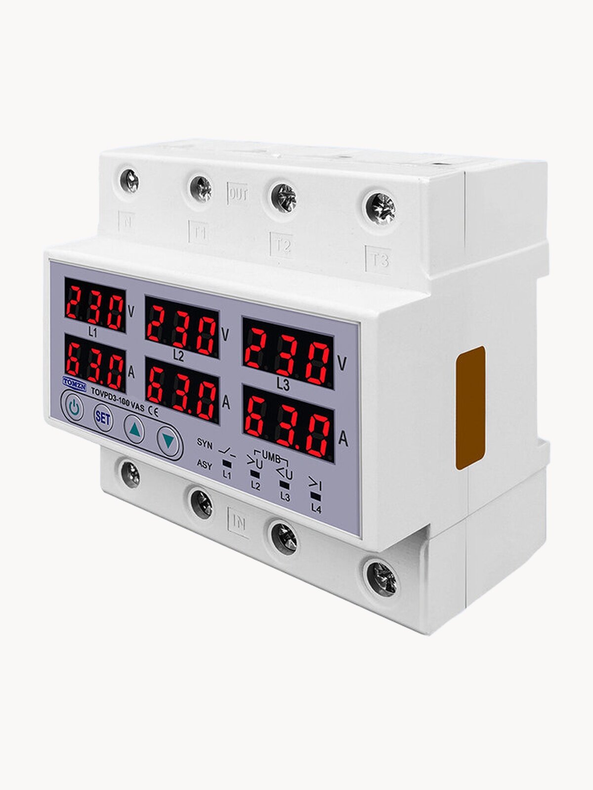 Реле напряжения трёхфазное TOMZN TOVPD3-100VAS с защитой от перенапряжения и перегрузок по току / Асинхронный режим / Многофункциональное защитное устройство