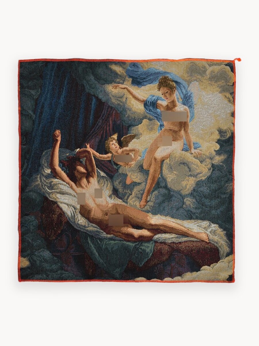 Средневековый гобелен 70x70 см без рамы "Амур и покровительница" рукодельное панно с оверлочной обработкой краёв, для интерьера, на стену, в подарок