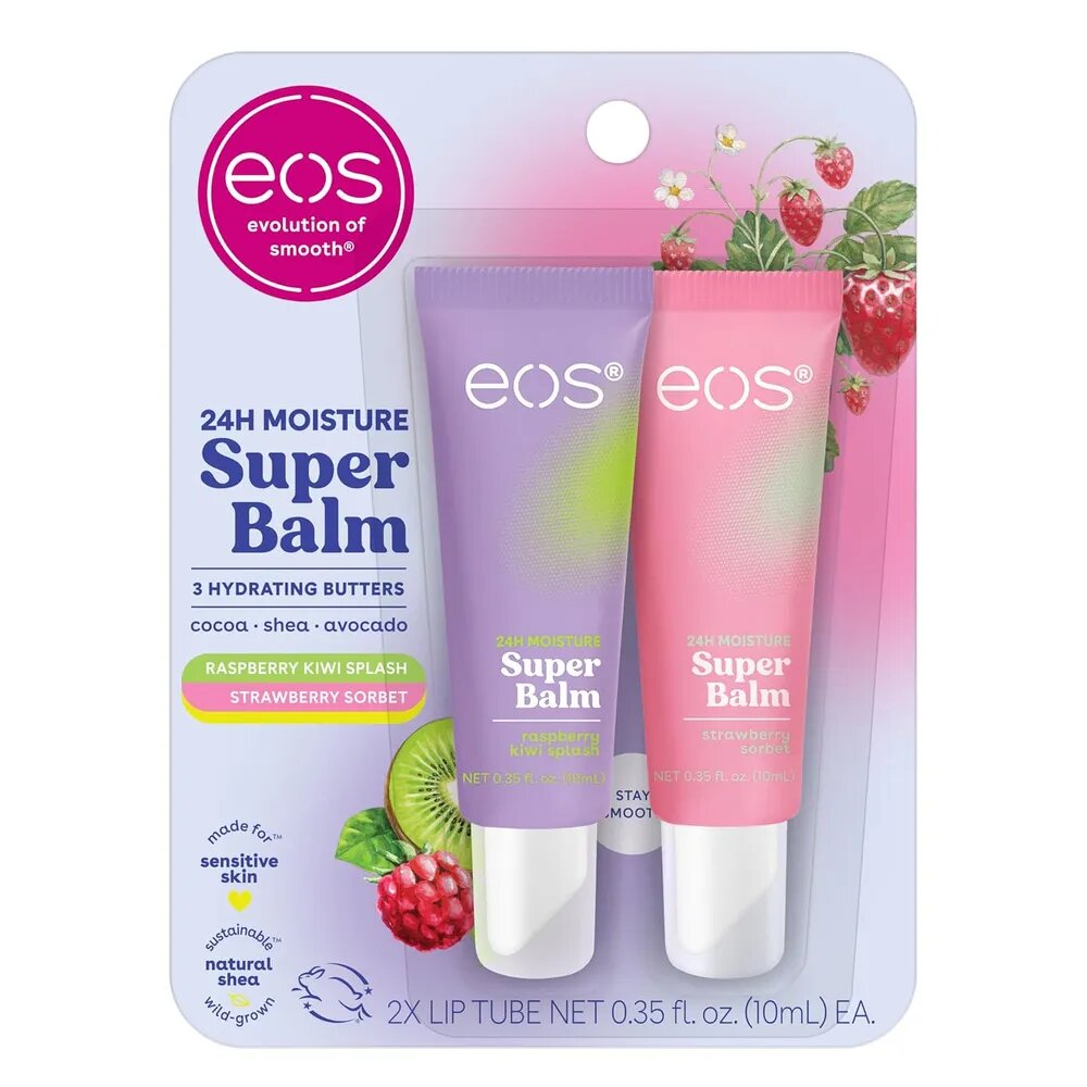 EOS Бальзам для губ Raspberry Kiwi Splash and Strawberry Sorbet, Малина-Киви и клубничный сорбет, 2 шт по 10 мл