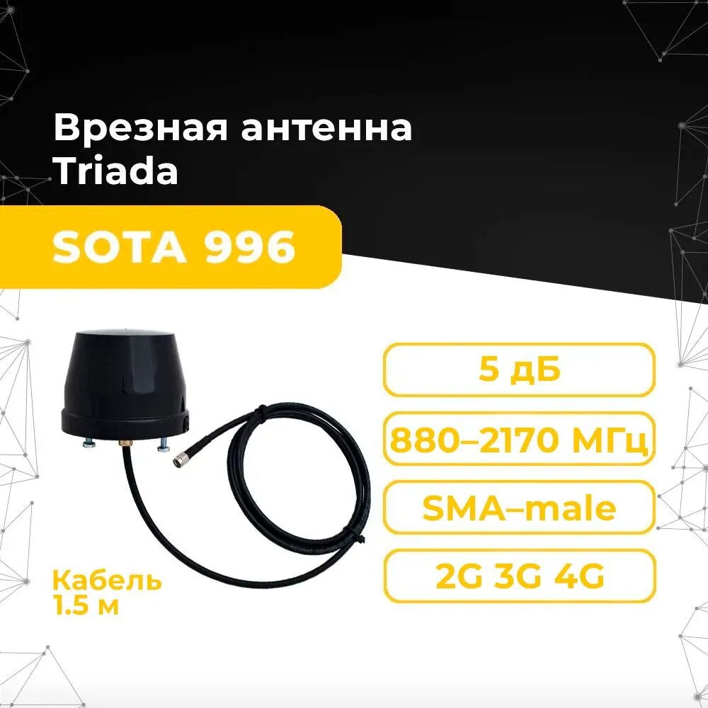 Антенна врезная Триада ВА 996 SOTA для GSM 4G LTE 3G на 5 дБи, кабель RG 58 А/U длина 1,5 м и разъем SMA-male. Антенна Triada для терминалов, шкафов, банкоматов.
