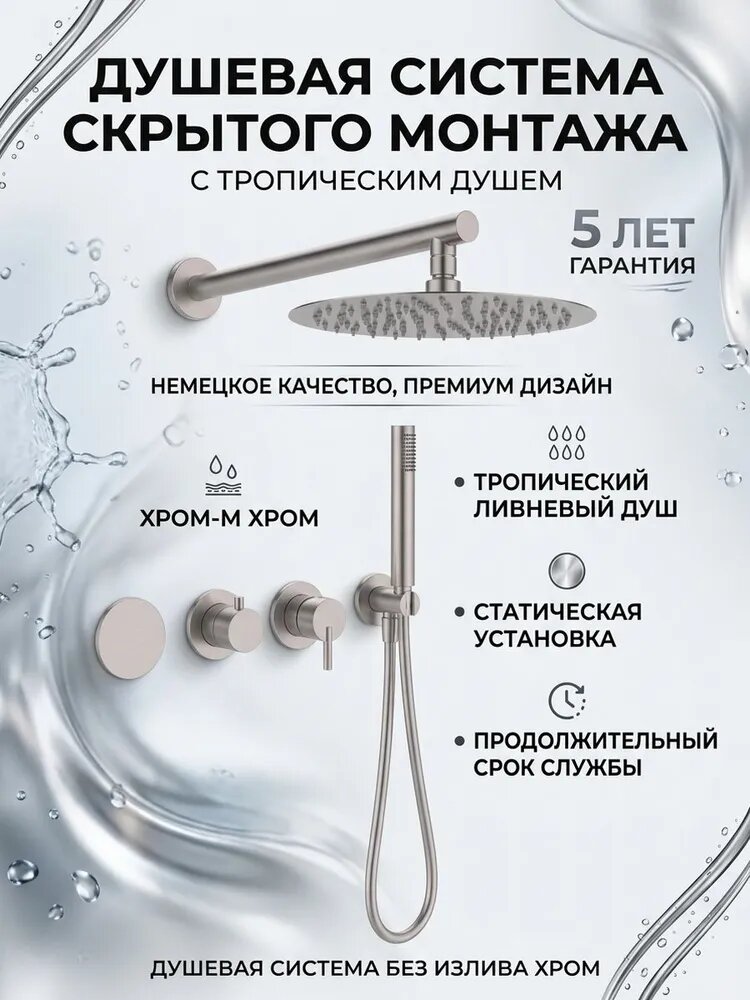 Душевая система для скрытого монтажа в стену с тропическим душем без излива Ganzer GZ03164 хром