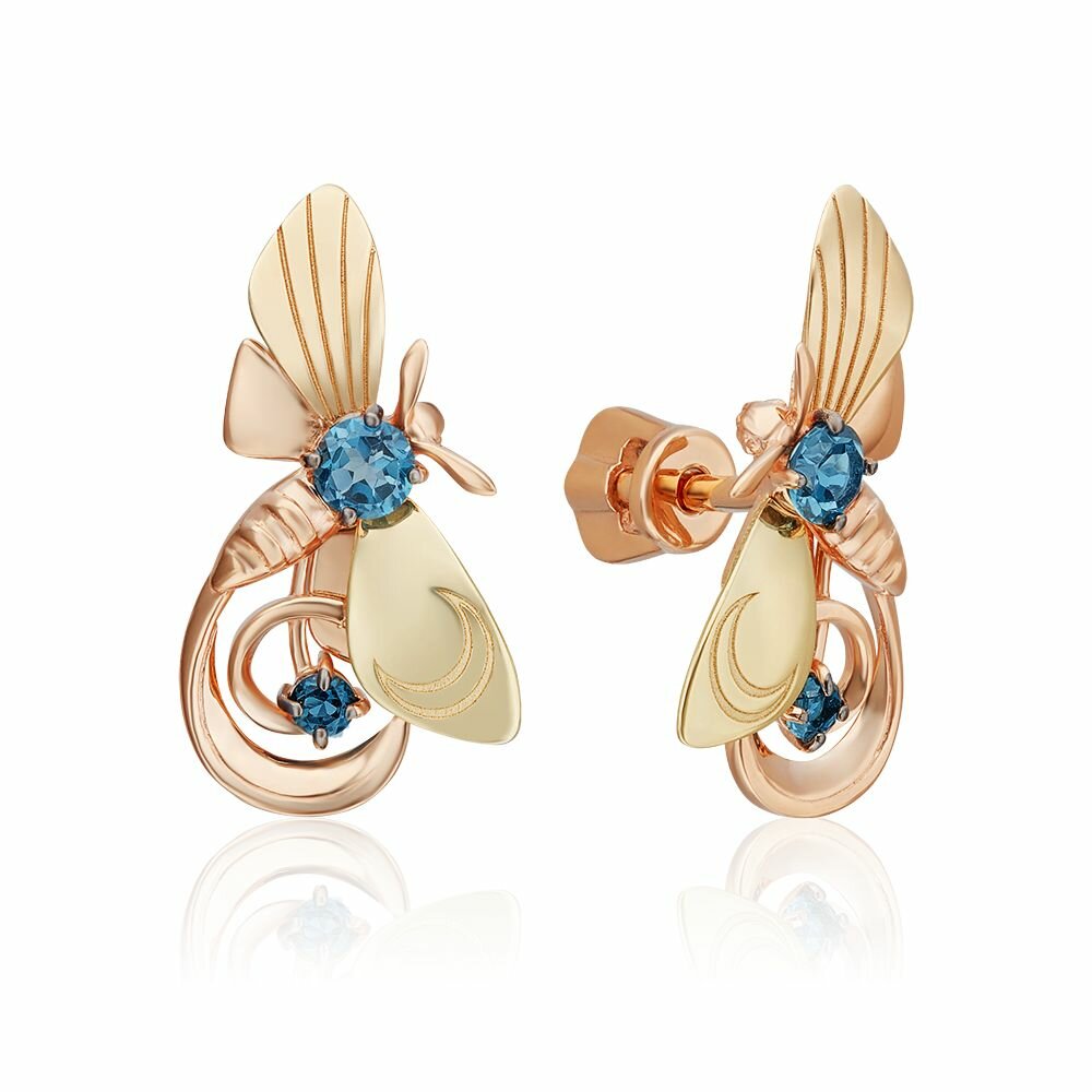 Серьги пусеты, комбинированное золото, 585 проба, топаз