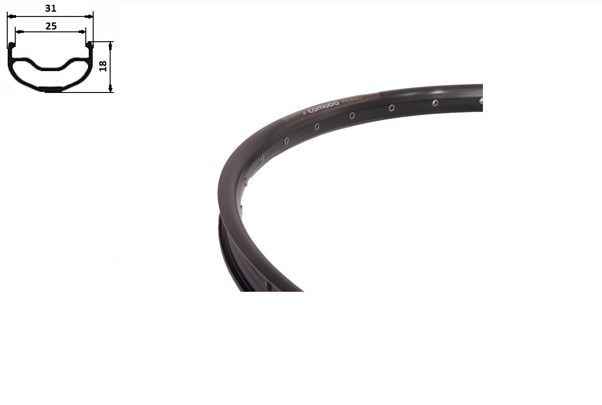 Обод 27.5" COMODO Tubeless, ал, дв, 32H, пистон, клёп. соед 584x25/31x18мм, F/V, черный