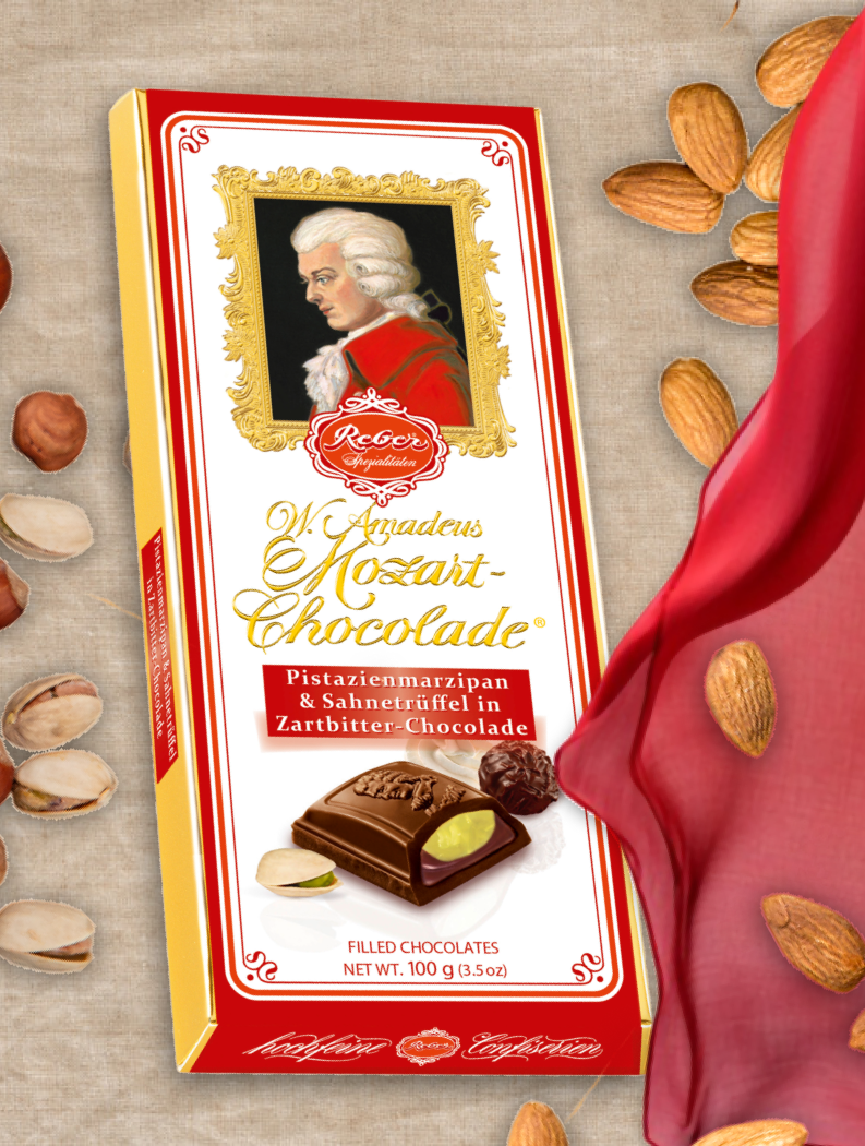 Шоколад Reber Mozart Chocolade Горький шоколад с фисташковым пралине, 98 г