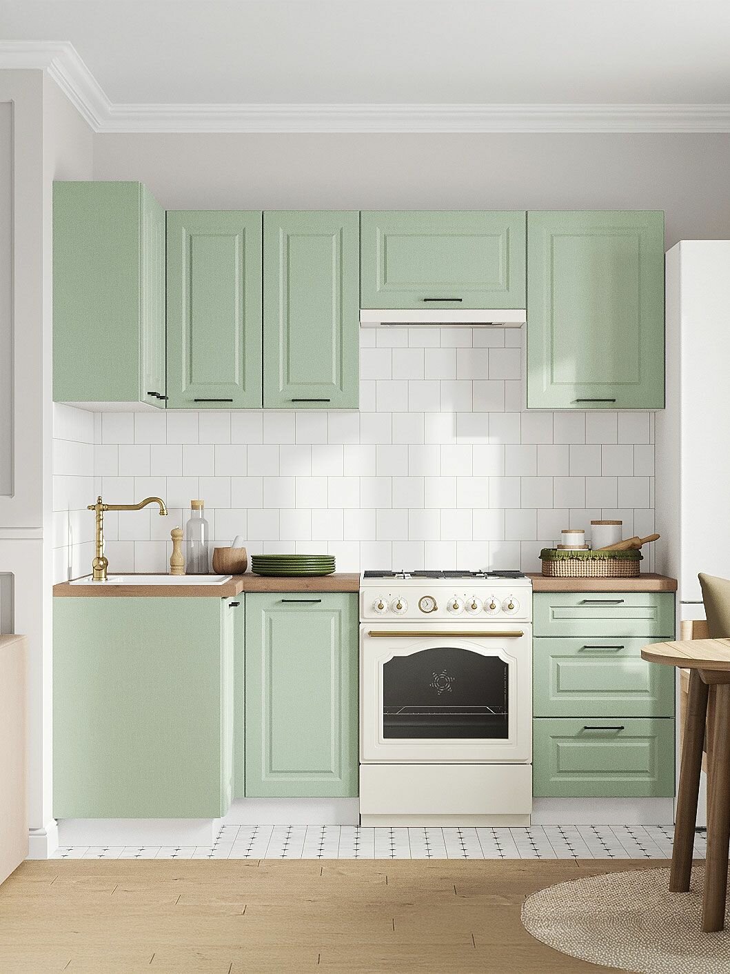 Кухонный гарнитур угловой Шервуд 2.1х1 м, мебель для дома и кухни, Белый / Шато мята