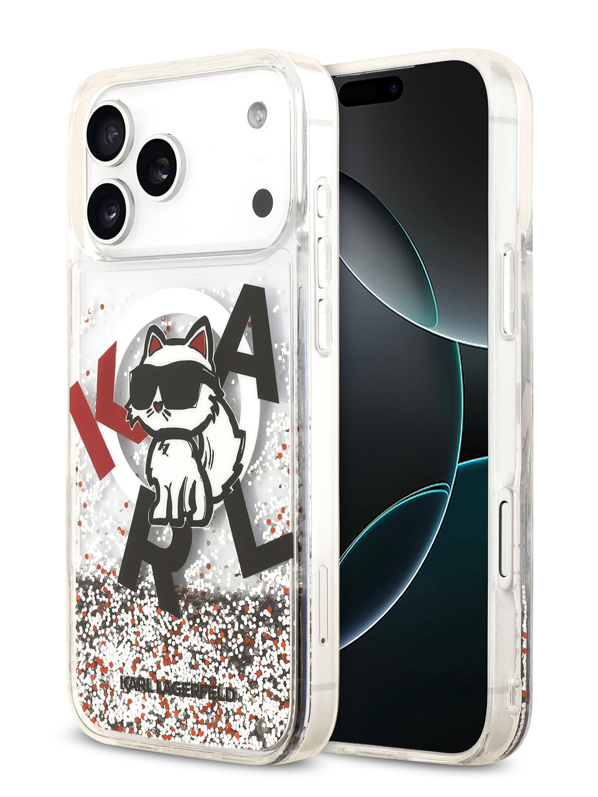 Чехол Karl Lagerfeld на iPhone 17 Pro Max, с магнитами MagSafe, c жидкими блестками, прозрачный