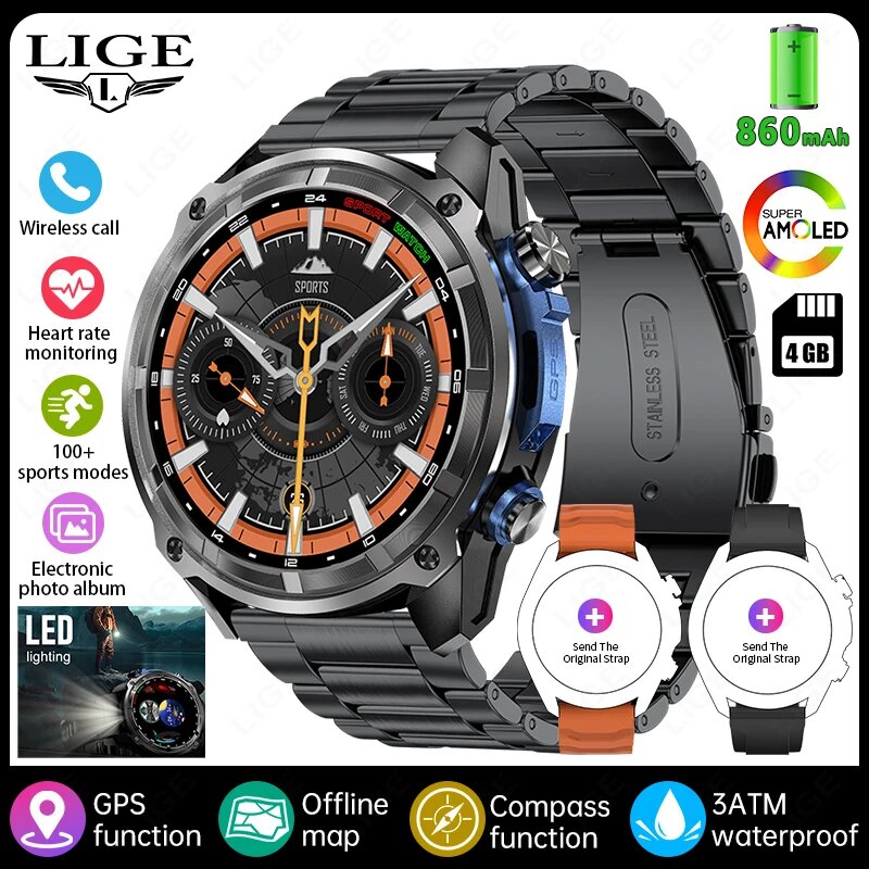 LIGE Умные часы мужские GPS 4 ГБ steel black