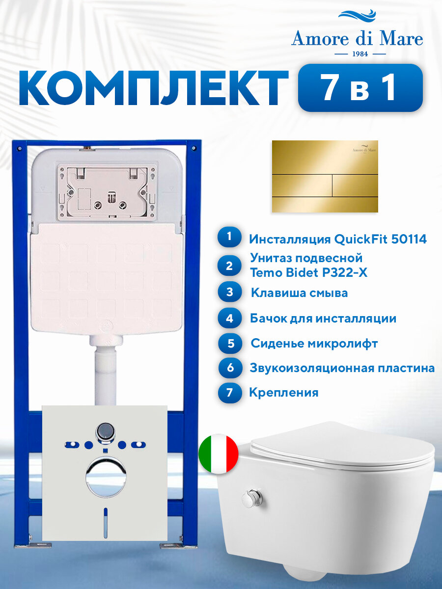 Инсталляция Amore di Mare QuickFit 50114 с унитазом-биде Temo Bidet P322-X, сиденье с микролифтом, кнопка золото 404G