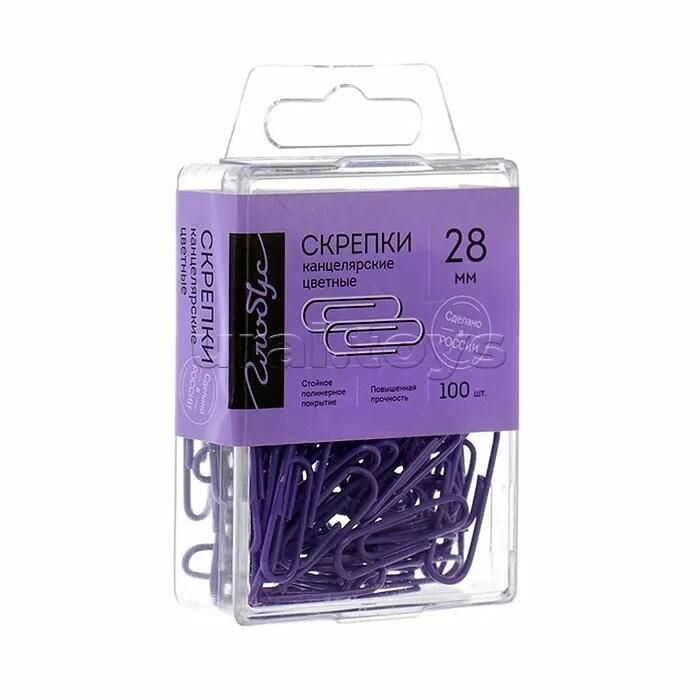 Скрепки канцелярские Глобус 28 мм, 100 шт, фиолетовые, пластиковая коробка (С28-100Ф)