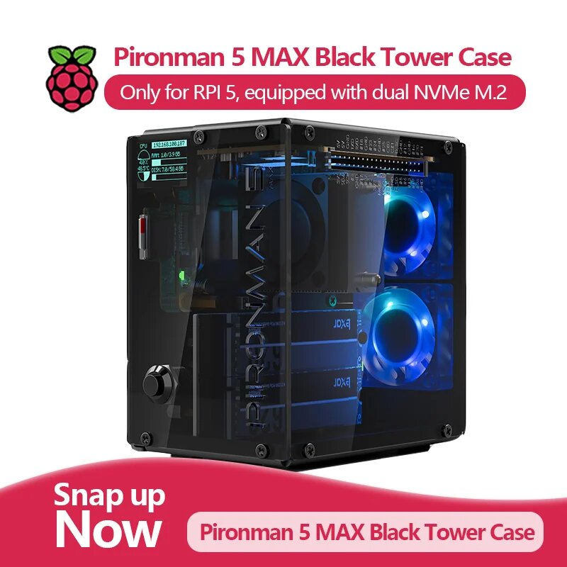 Корпус Pironman 5 MAX Black Tower для Raspberry Pi 5