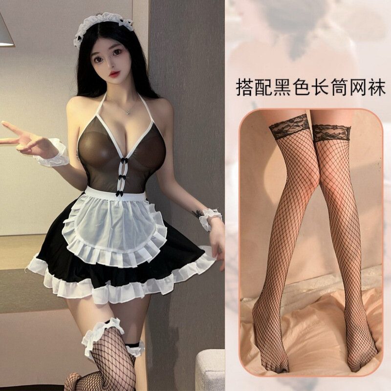 Сексуальное нижнее белье, соблазнительная ночная рубашка, горячий и сексуальный костюм горничной для спальни, черно-белый костюм горничной + черные чулки в сеточку.