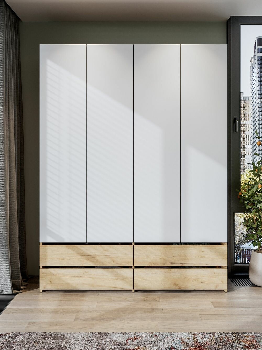 Распашной шкаф для одежды и хранения вещей Абрау Макси с полками, с ящиками, со штангой для одежды, 153.6х46х202.5 см, Дуб золотой / Белый