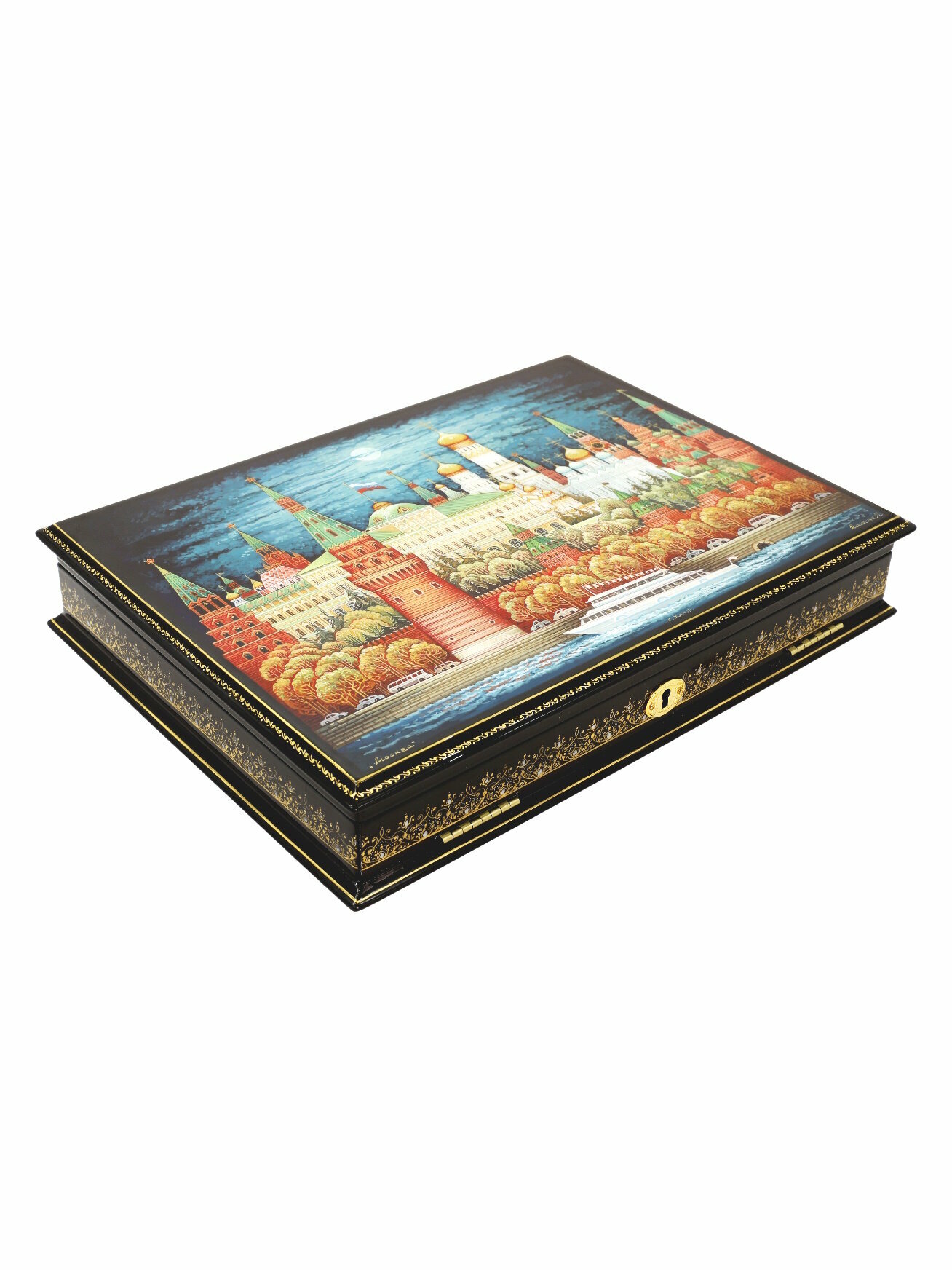 Шкатулка Холуй Набережная Кремля, для бумаг А4, худ. Никитина